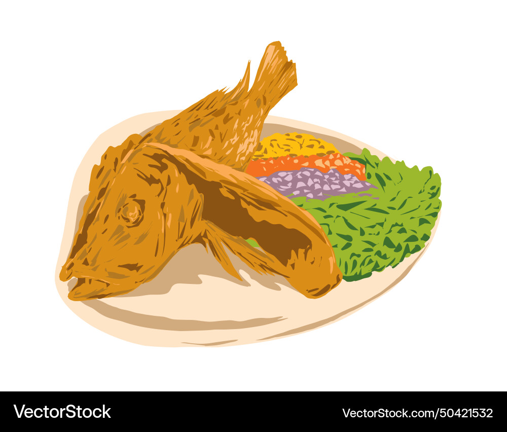 Crispy deep fried whole red snapper dish on plate Vector Image