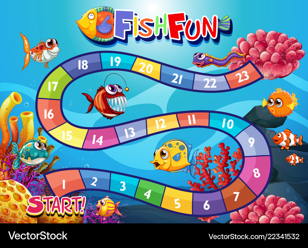 Underwater fish board game template Royalty Free Vector