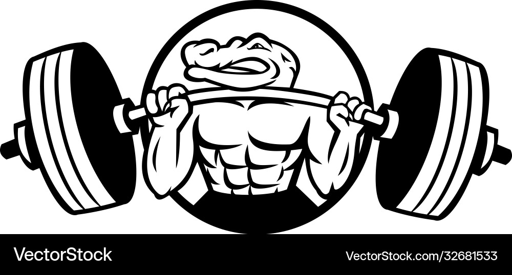 Alligator lifting heavy barbell weight circle Vector Image