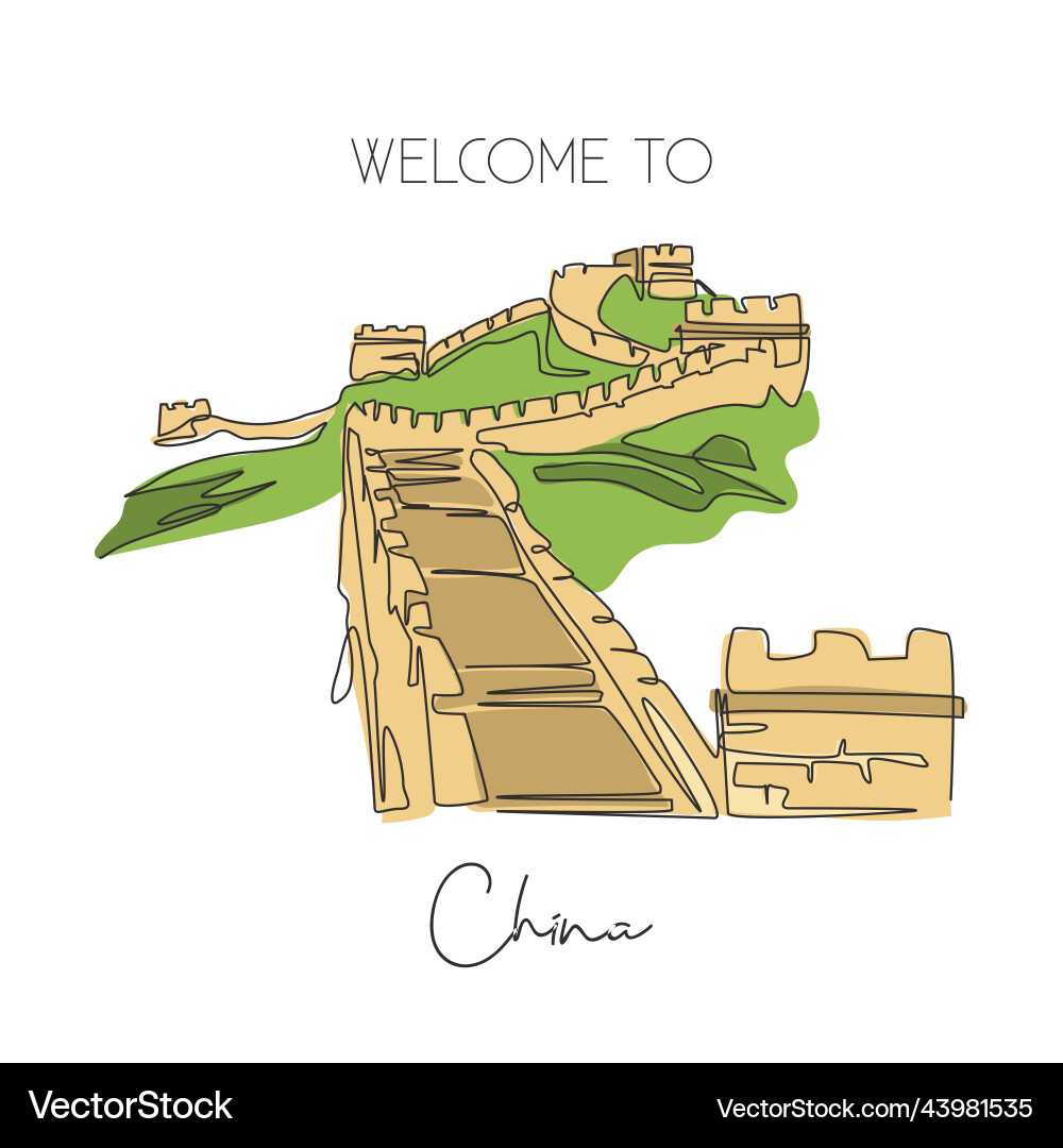 Single continuous line drawing great wall Vector Image