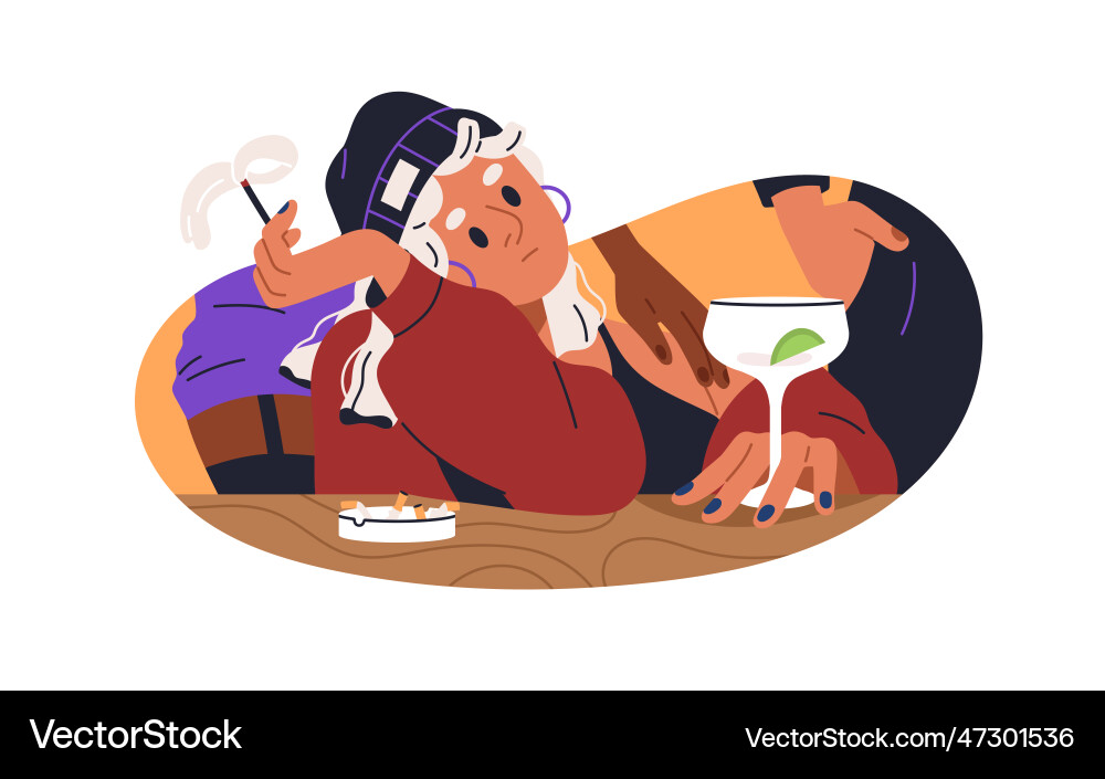 Drunken woman smoking cigarette drinking alcohol Vector Image