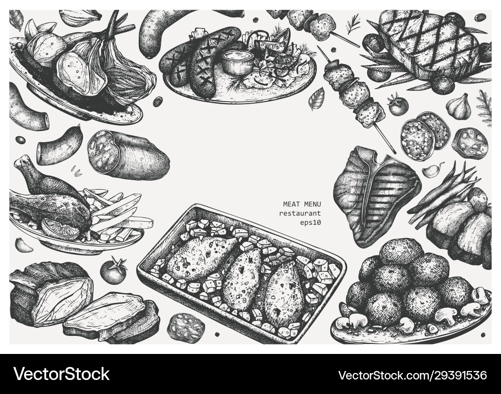 Hand drawn cooked meat dishes frame design food Vector Image
