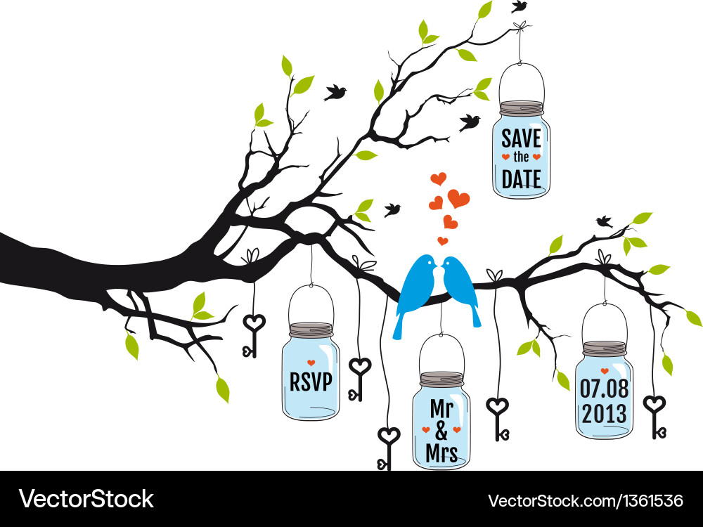 Wedding invitation birds on tree with jars Vector Image