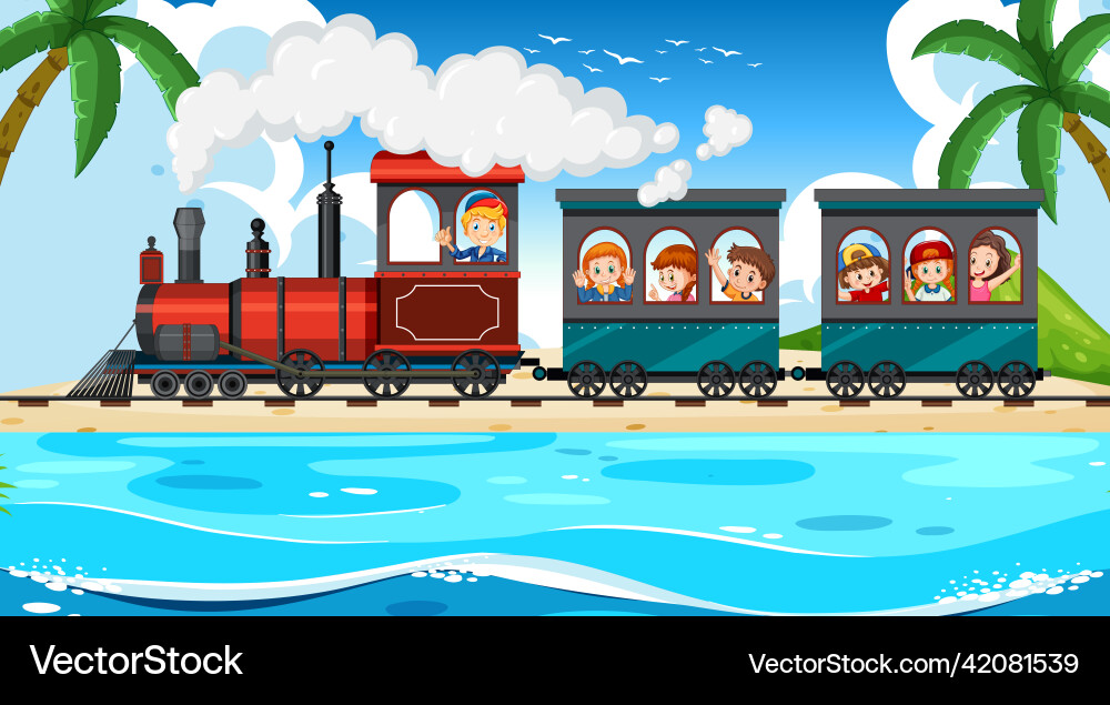 Many kids riding train on the beach Royalty Free Vector