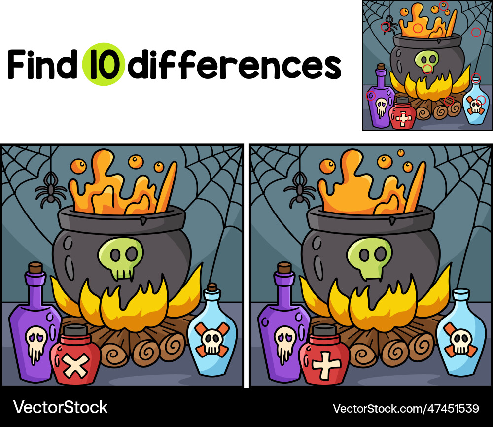 Witch cauldron halloween find the differences Vector Image