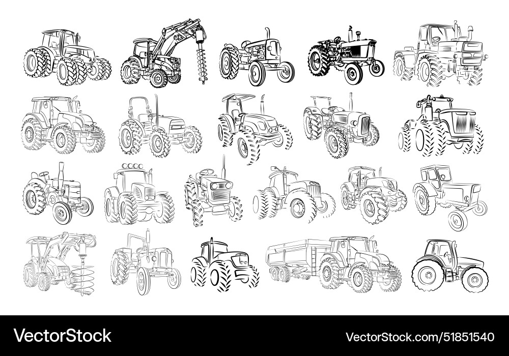Big set of tractor sketches Royalty Free Vector Image