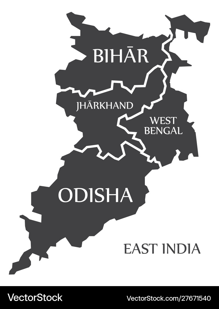East india region map labelled black Royalty Free Vector
