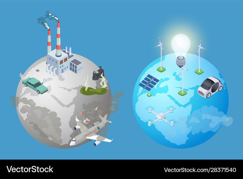 Pollution vs. Clean Earth - Isometric Royalty Free Vector