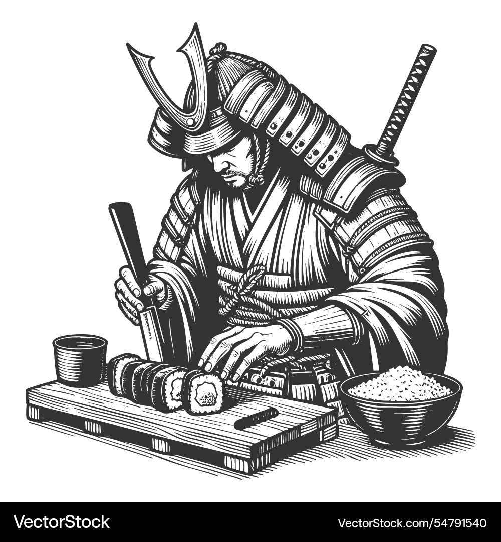 Samurai chef preparing sushi engraving Royalty Free Vector