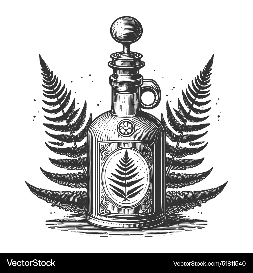Vintage herbal elixir bottle with ferns Royalty Free Vector