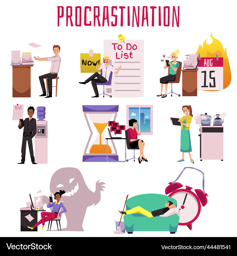Procrastination infographic with lazy office staff