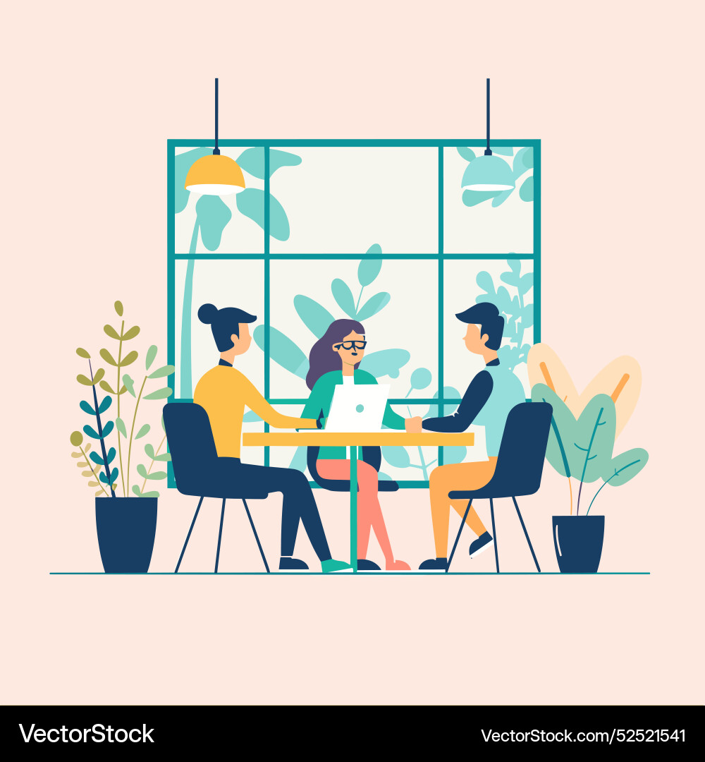 Three young professionals engaged meeting around Vector Image