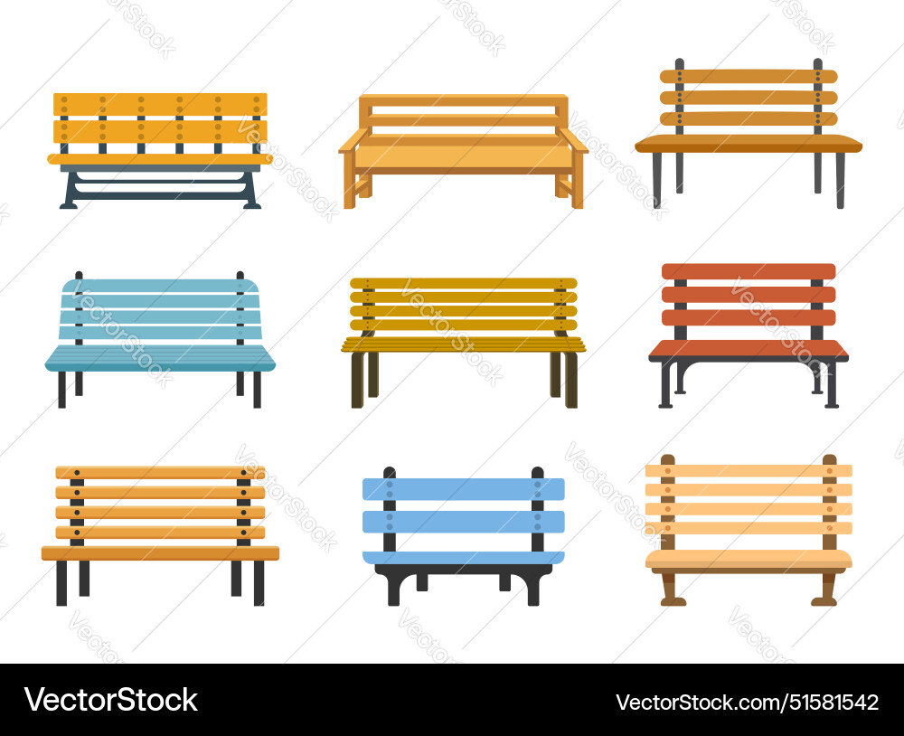 Bench icons set in flat style comfortable rest Vector Image