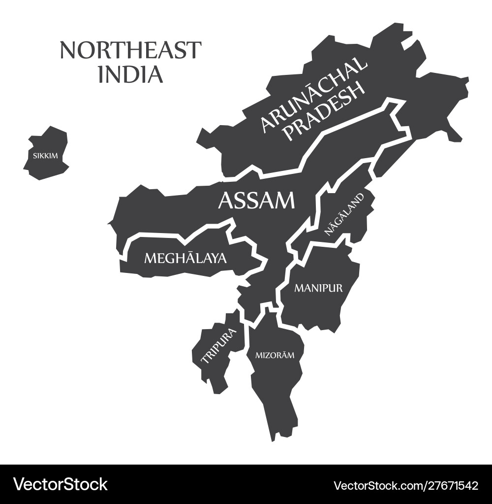 Northeast india region map labelled black Vector Image