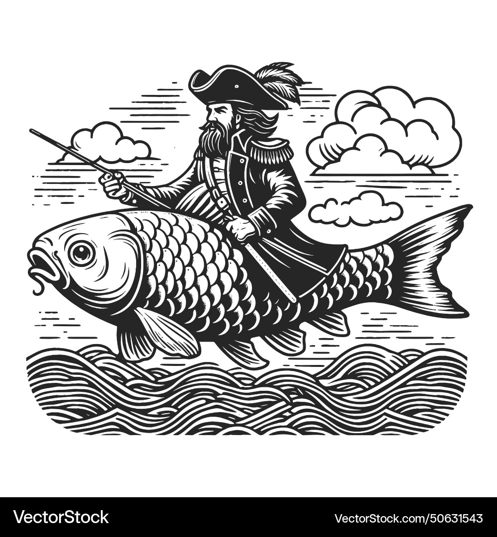 Pirate captain riding fish sketch Royalty Free Vector Image