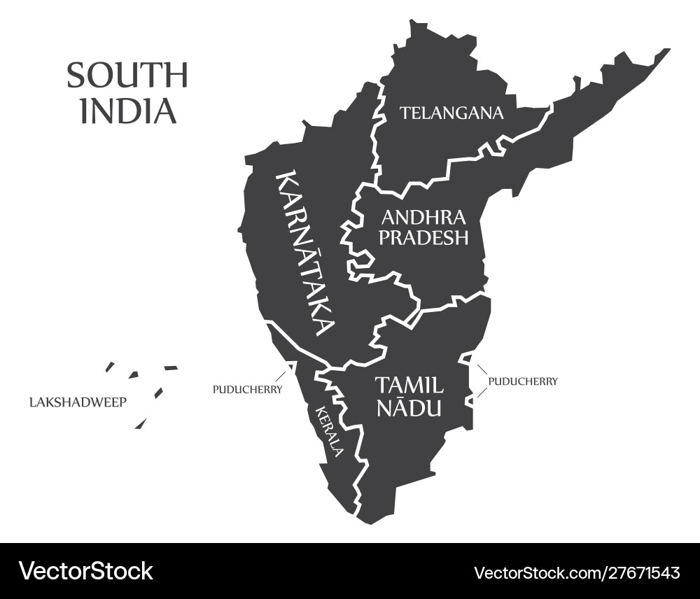 South india region map labelled black Royalty Free Vector