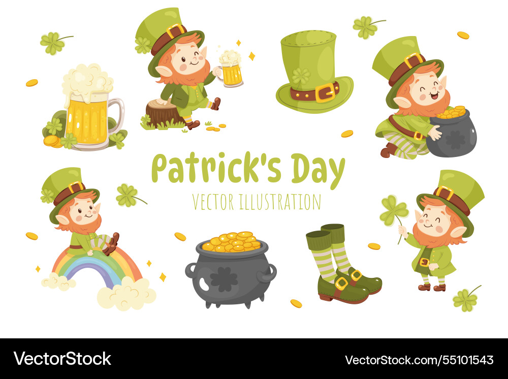 St patricks day clip art cute leprechaun set Vector Image