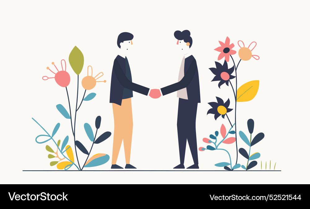 Two cartoon characters handshake agreement amidst Vector Image