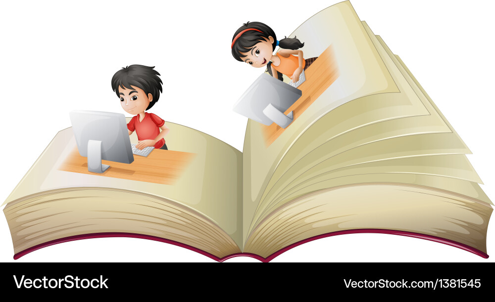 An open book with a girl and boy computers Vector Image