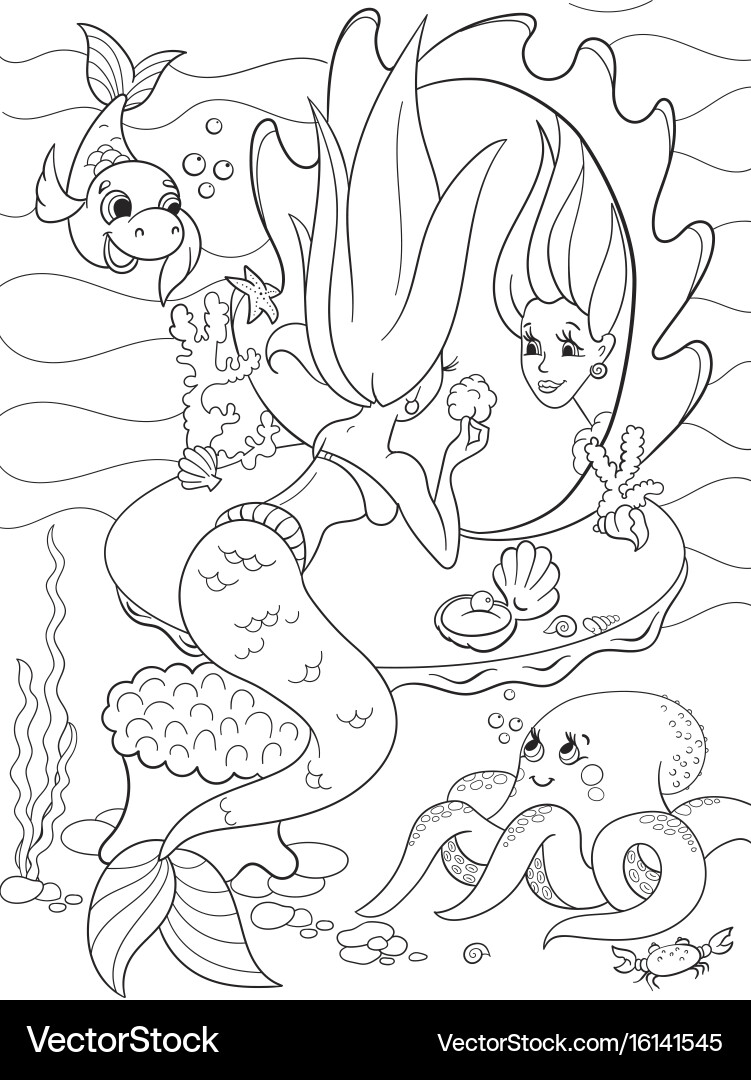 Ermaid looks in mirror coloring book Royalty Free Vector