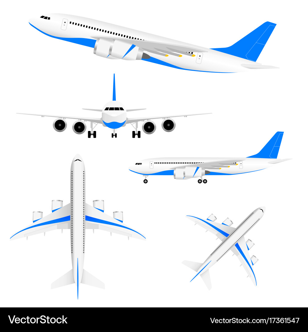 Airplane in white and blue color set Royalty Free Vector