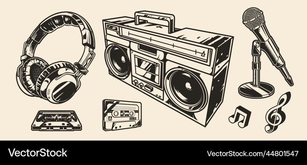 Music equipment set labels vintage Royalty Free Vector Image