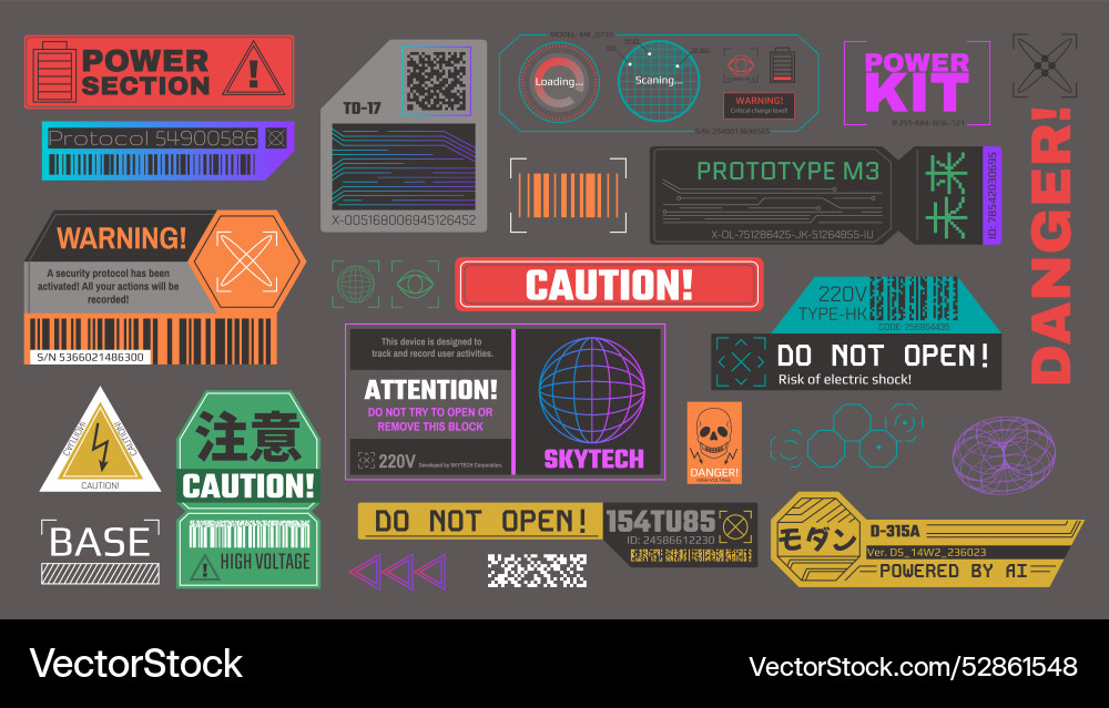 Cyberpunk stickers high tech futuristic warning Vector Image