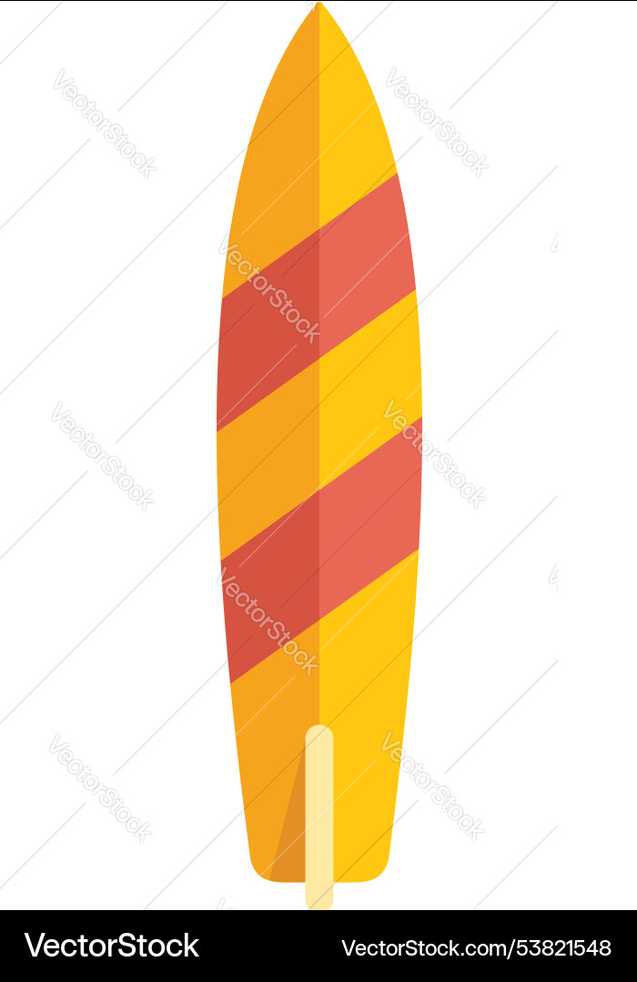 Yellow surfboard with red stripes standing upright
