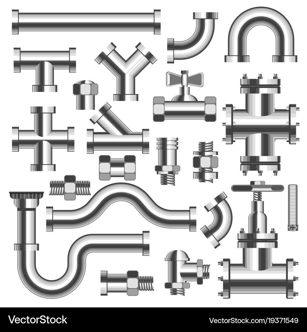 Silver tubes and pipeline details with cranes set Vector Image