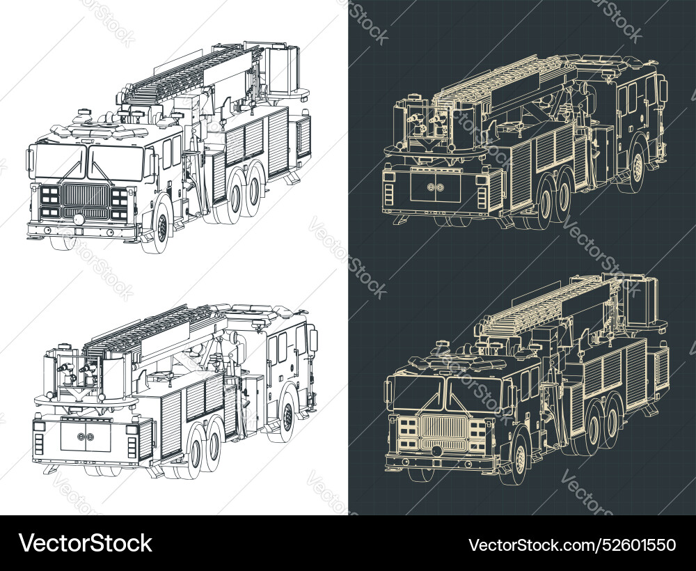 Big fire truck isometric technical drawings Vector Image