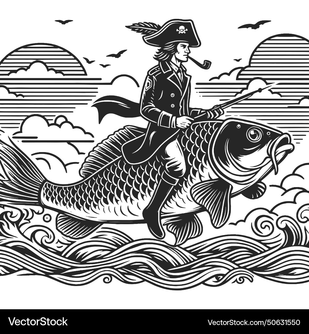 Pirate captain riding fish sketch Royalty Free Vector Image
