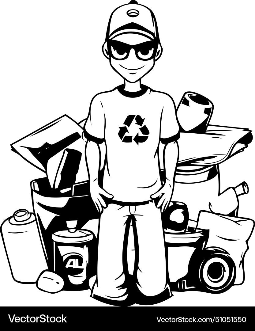 Volunteer man with garbage in cartoon style Vector Image