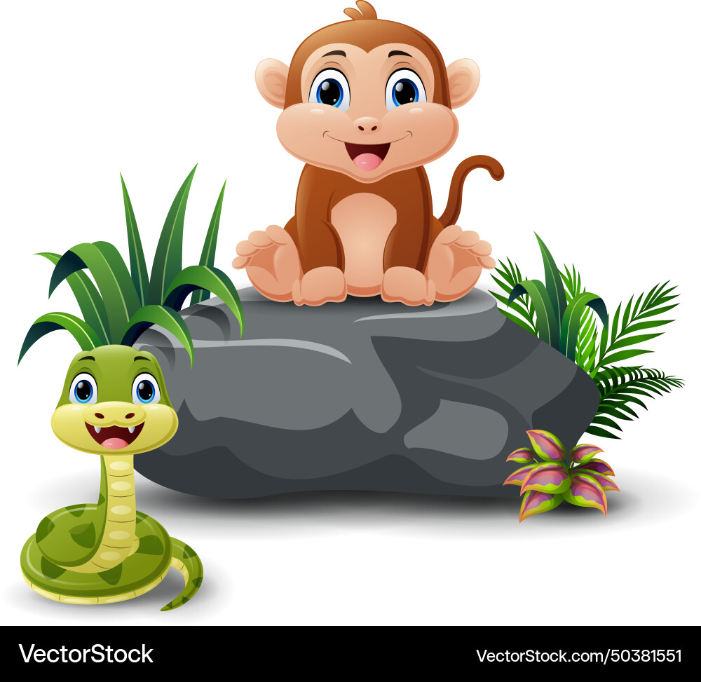 Cute monkey cartoon sitting on the stone Vector Image