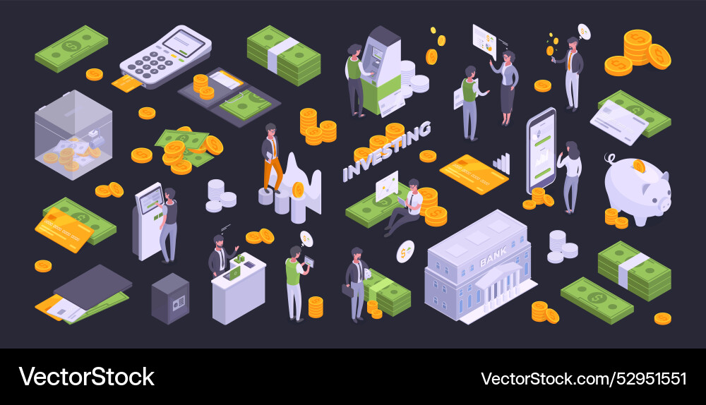 Isometric financial elements money investment Vector Image
