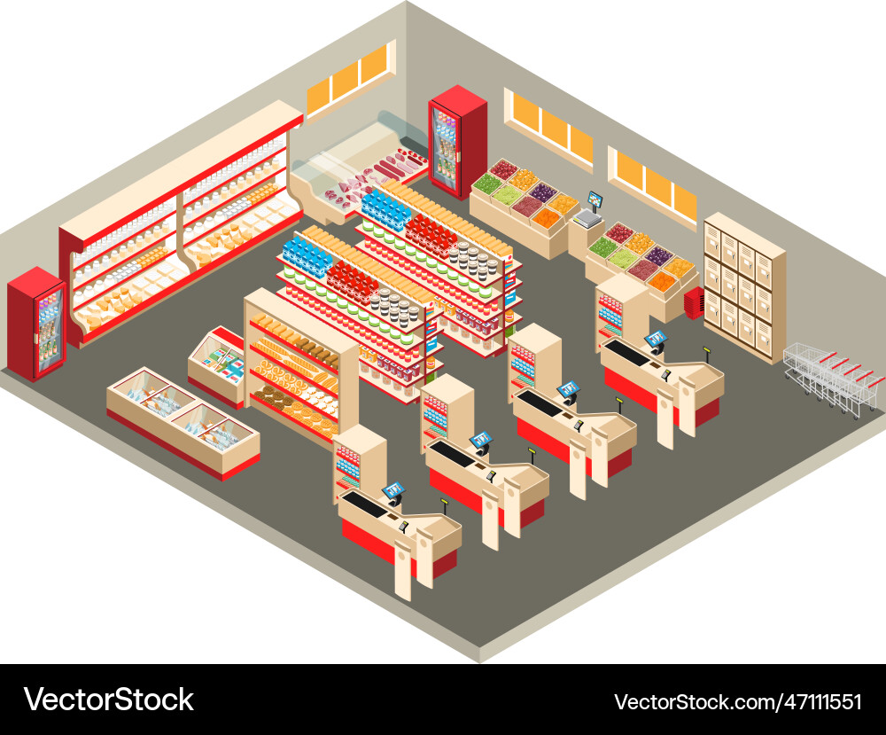 Supermarket interior isometric object Royalty Free Vector