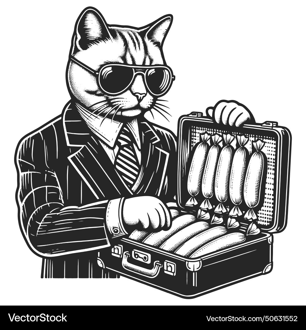 Mafia cat suitcase full sausages sketch Royalty Free Vector