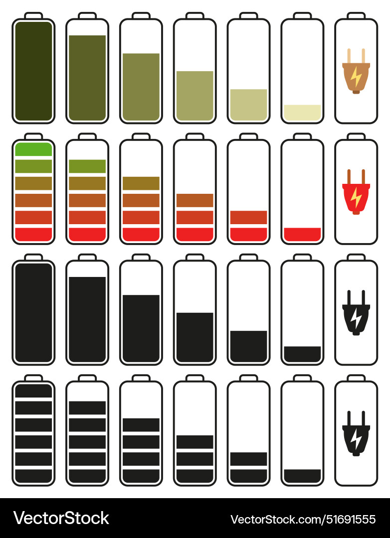 Battery charge indicator icon set Royalty Free Vector Image