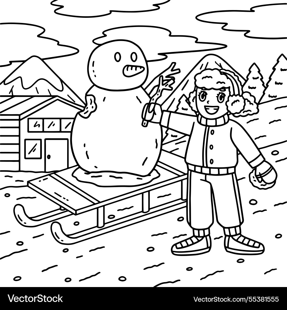 Sledding girl building a snowman coloring page Vector Image