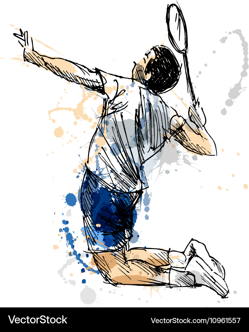 Colored hand sketch badminton player Royalty Free Vector