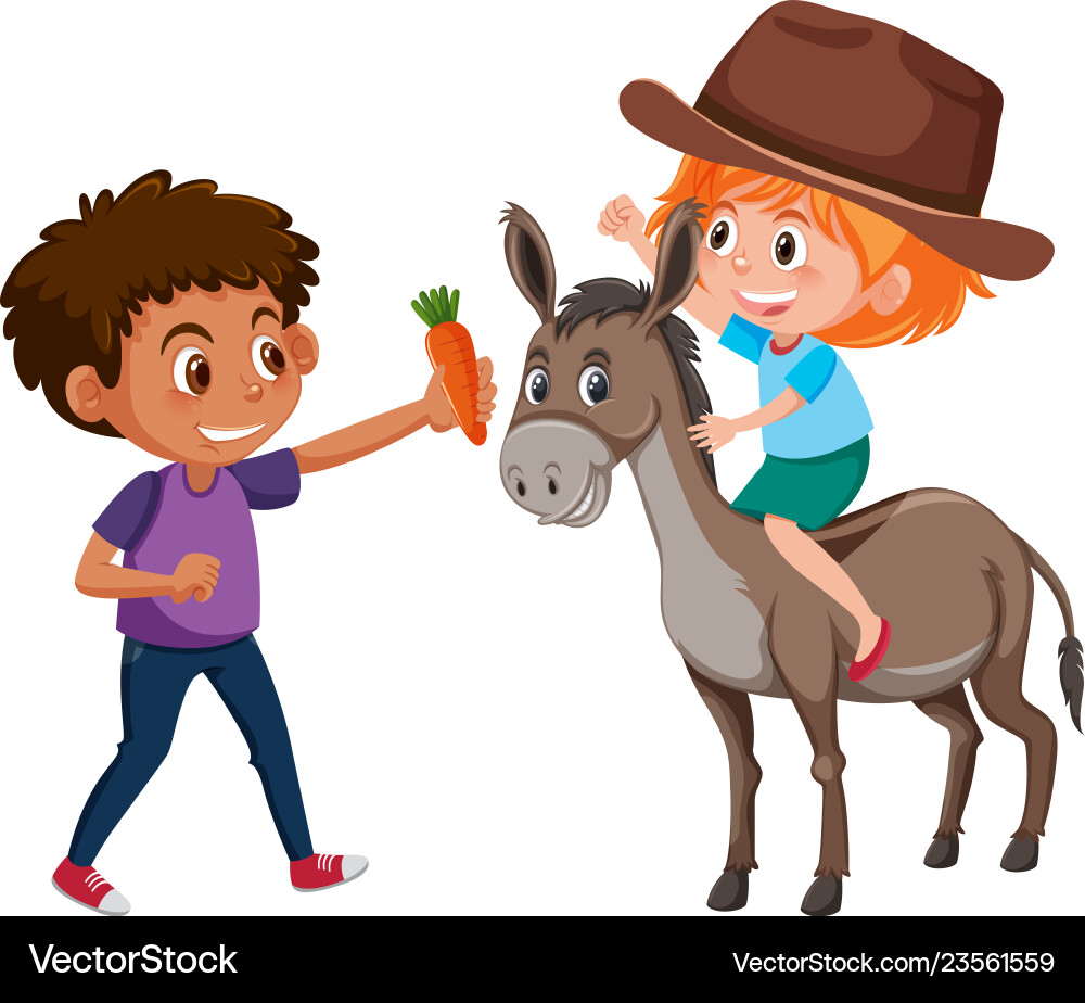 Children and donkey character Royalty Free Vector Image
