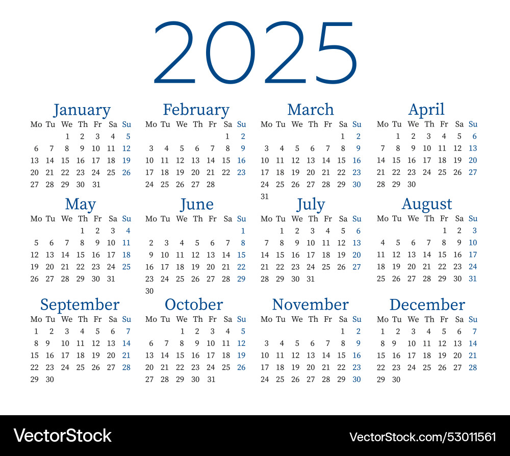 Calendar english 2025 1 Royalty Free Vector Image