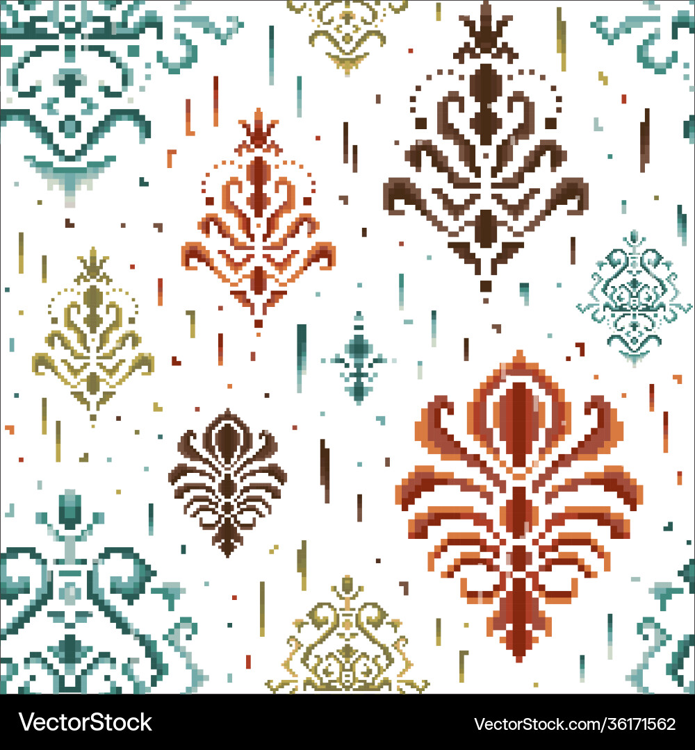 Damask ethnic seamless pattern in pixel art Vector Image