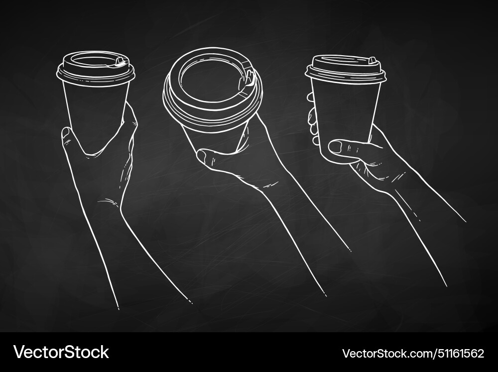 Hands holding coffee cups line art chalk drawing Vector Image