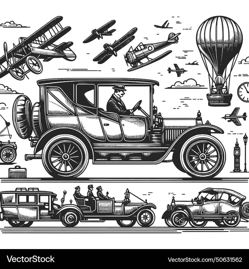 Vintage transportation scene various vehicles Vector Image