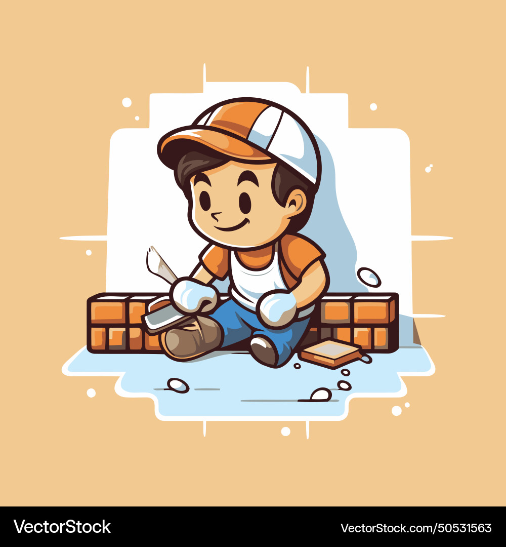 Cartoon bricklayer worker with spatula and brick Vector Image