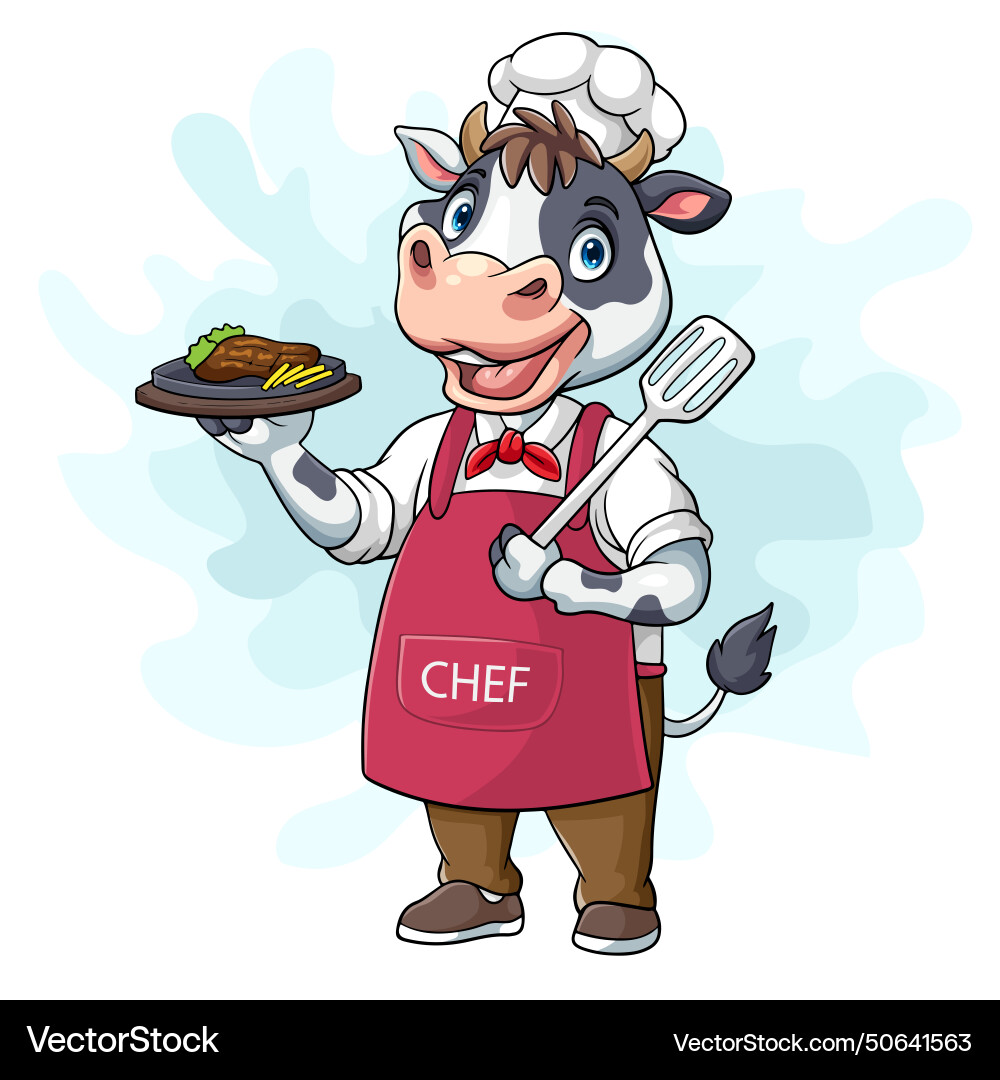 Cartoon cow chef cooking beef Royalty Free Vector Image
