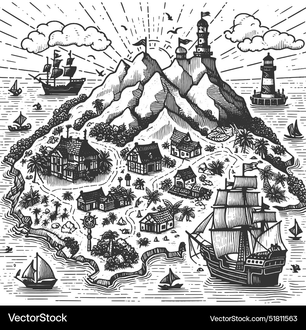 Pirate treasure map with sailing ships Royalty Free Vector