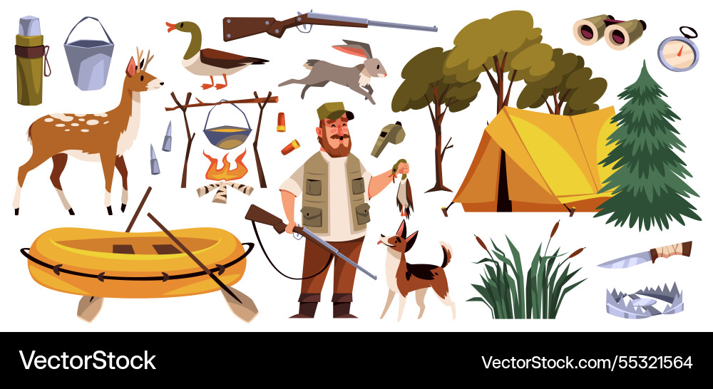 Cartoon hunter character with equipment funny man Vector Image