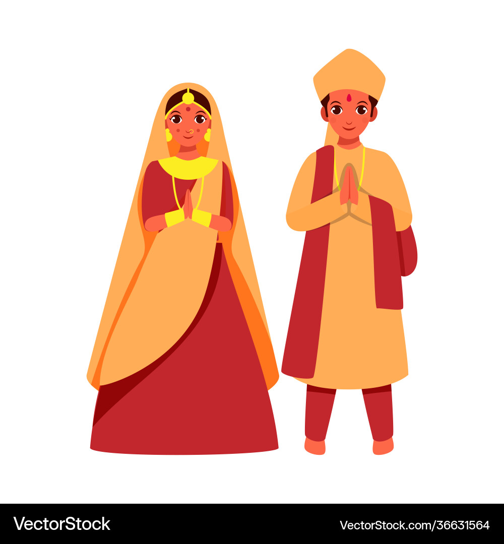 Indian wedding couple doing namaste on white Vector Image