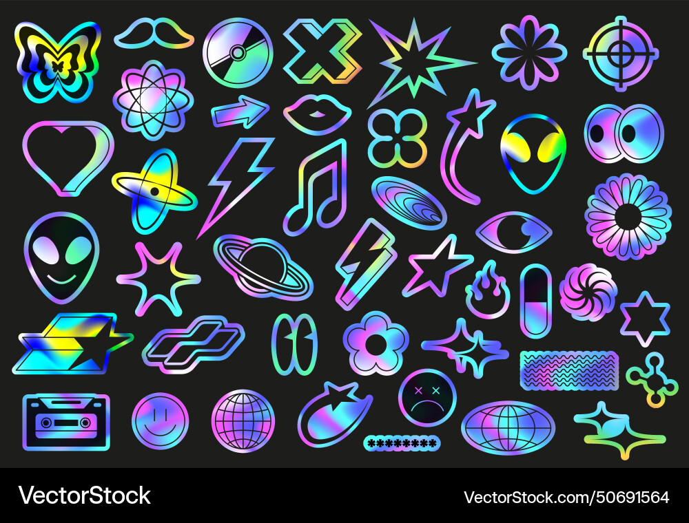 Iridescent holo stickers pack fluorescent retro Vector Image